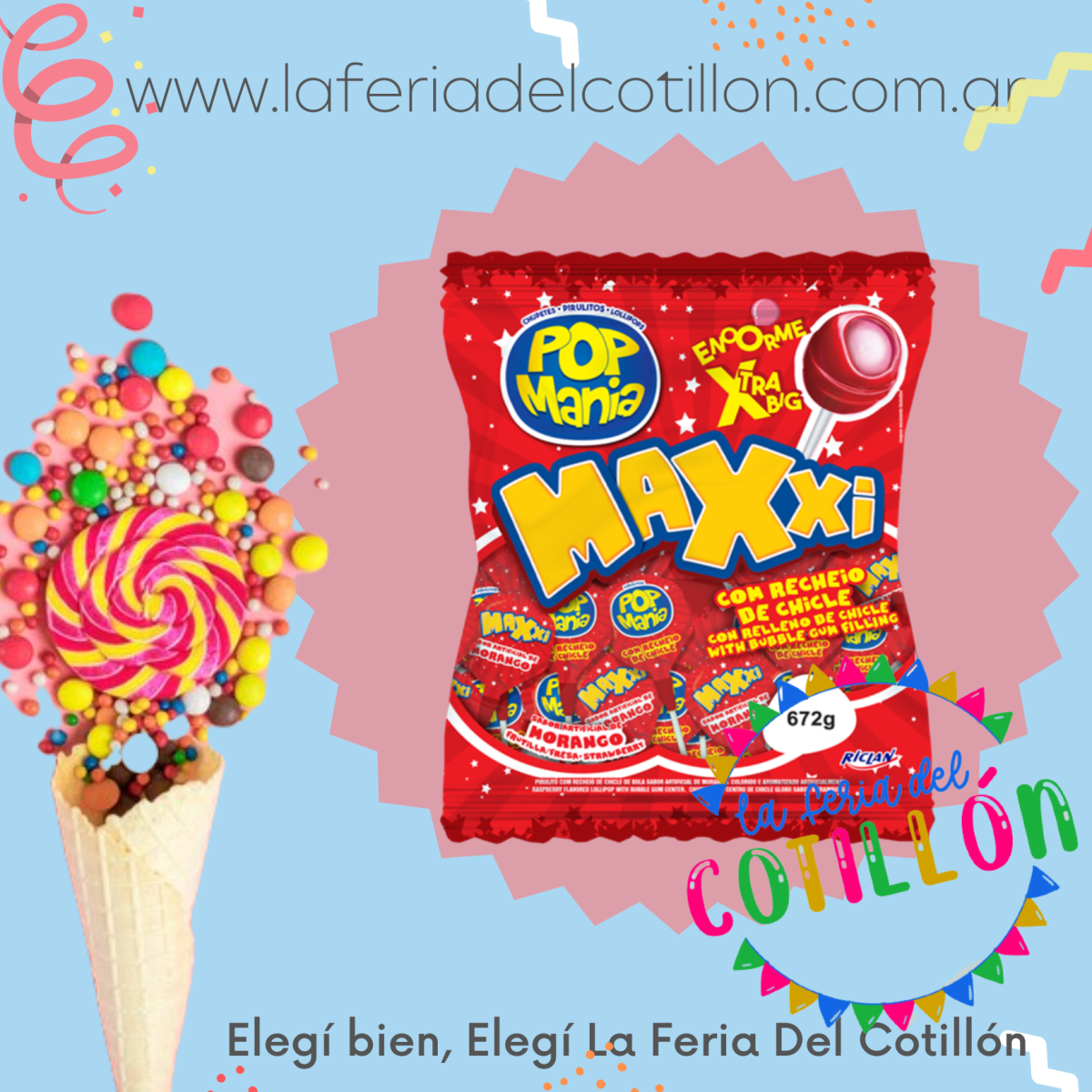 Chupetin Pop Mania Maxxi con Chicle Frutilla x 24 u.